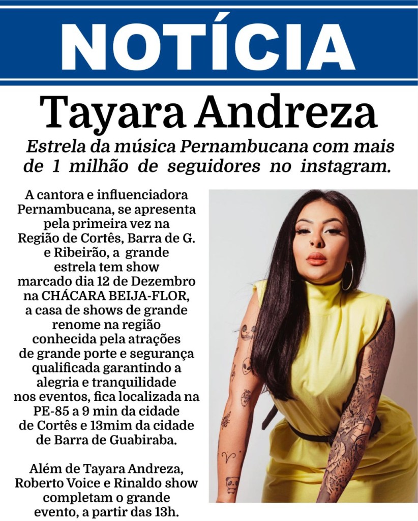 Cantora Tayara Andreza tocará pela primeira vez na Chácara Beija Flor ...